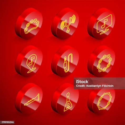 세트 라인 탬버린 음악 소리굽쇠 노트 위치 뮤지컬 오디오 잭 클라리넷 및 발랄라이카 아이콘 벡터 3차원 형태에 대한 스톡 벡터