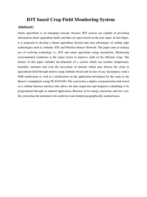 Iot Based Crop Field Monitoring System Abstract Pdf Internet Of Things Agriculture