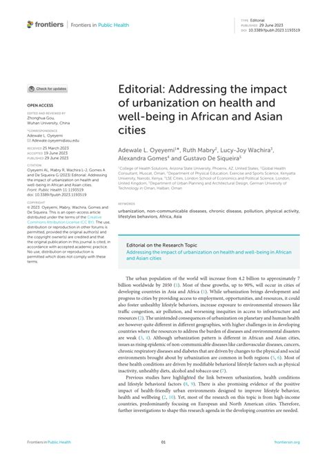 Pdf Editorial Addressing The Impact Of Urbanization On Health And