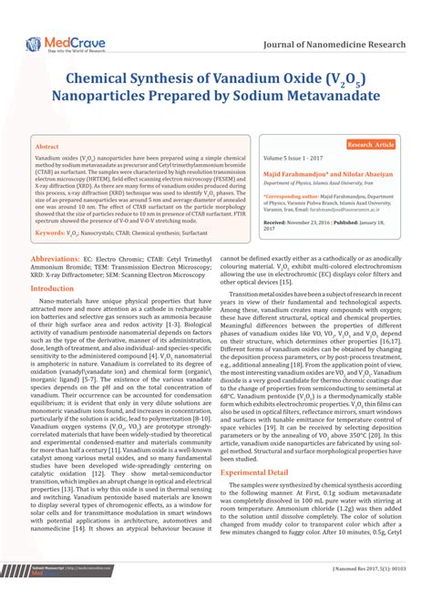 Pdf Chemical Synthesis Of Vanadium Oxide V2o5 Nanoparticles Prepared By Sodium Metavanadate