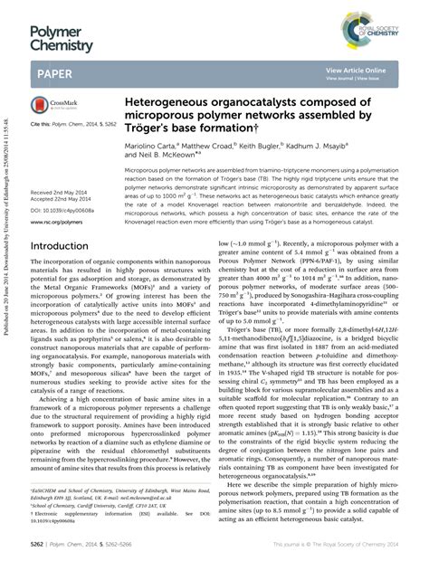 Pdf Heterogeneous Organocatalysts Composed Of Microporous Polymer Networks Assembled By Tröger