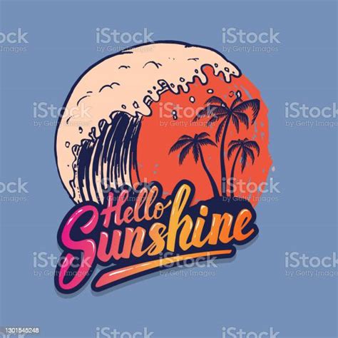 안녕하세요 햇빛 바다 파도와 손바닥엠블 템플릿 포스터 카드 배너 기호 엠블럼을 위한 디자인 요소 벡터 일러스트레이션 일몰에 대한 스톡 벡터 아트 및 기타 이미지 Istock