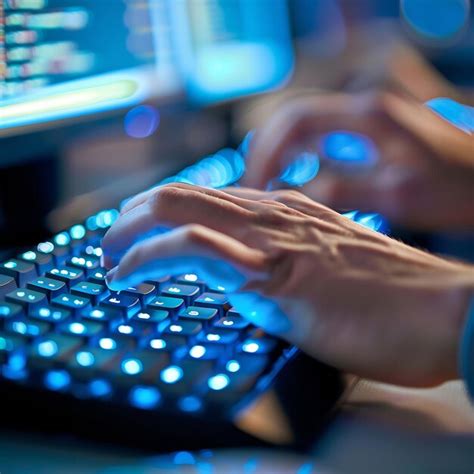 closeup of a hackers hands typing rapidly on a keyboard blue code reflecting off the screen