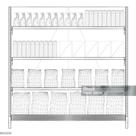 흰색 배경에 격리 된 검은 색 라인의 항목으로 랙 와이어 프레임을 쇼핑 가방 포장 병 전면 보기입니다 3d 벡터 일러스트레이션 가득 찬에 대한 스톡 벡터 아트 및 기타