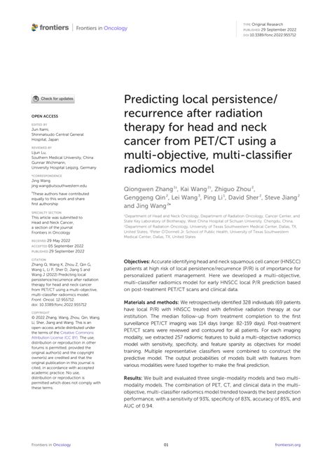 Pdf Predicting Local Persistencerecurrence After Radiation Therapy For Head And Neck Cancer