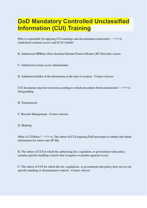 Dod Mandatory Controlled Unclassified Information Cui Training With 100 Correct Answers
