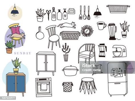 흑백 모노톤 라인 드로잉으로 된 삽화 필기 패션 잡지 패션 귀여움 실내 장식 및 가구 벡터에 대한 스톡 벡터 아트 및 기타 이미지 Istock