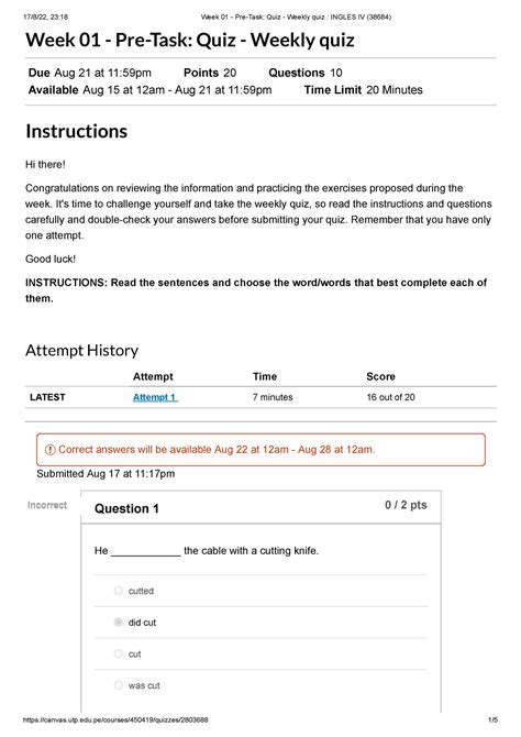 Week 01 Pre Task Quiz Weekly Quiz Ingles IV 38684 Week 01 Pre Task Quiz Weekly Quiz