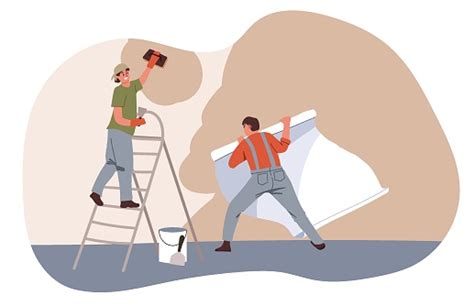 집 개조 벽 석고 작업자는 건식 벽체를 평평하게 하여 균일한 표면을 얻고 퍼티를 적용하고 수리 작업을 수행합니다 평면 벡터 그림 손 그림 가정의 방에 대한 스톡 벡터 아트