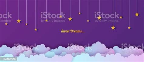 종이 컷 스타일의 밤 하늘 별 종이 컷 아트와 보라색과 파란색 그라데이션 흐린 풍경3d 배경을 잘라 귀여운 종이 접기 구름입니다 소원 좋은 밤 달콤한 꿈을위한 벡터