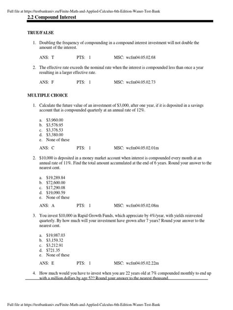 Finite Math And Applied Calculus 6th Edition Waner Test Bank Pdf Present Value Compound