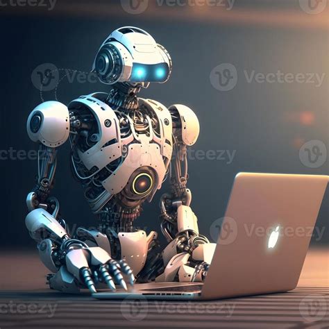 Robot In Front Of The Laptop Robot Controlling Computer With Artificial Intelligence Future