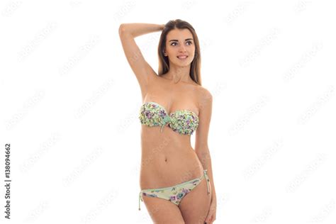 Young Slim Brunette Woman With Big Natural Breasts In Swimsuit With