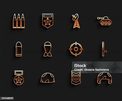 세트 라인 군사 보상 메달 헬멧 총알 순위 항공 폭탄 경찰 고무 지휘봉과 촬영 경쟁 아이콘에 대한 대상 스포츠 벡터 검은색에 대한 스톡 벡터 아트 및 기타 이미지 Istock