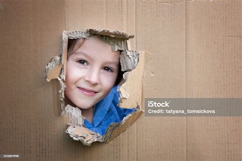 달콤한 유아 아이 귀여운 금발 소년 골판지 상자에 숨어 밖으로 보고 갇힌에 대한 스톡 사진 및 기타 이미지 갇힌 개념 구멍 Istock