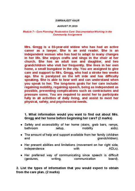Module 7 Care Planning Restorative Care For Mrs Greggs Recovery