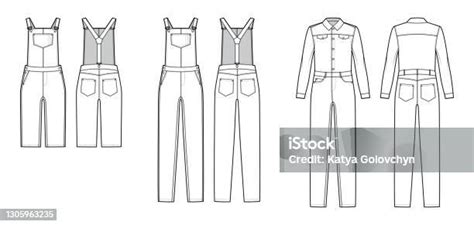 전체 무릎 길이 정상 허리 하이 라이즈가 있는 던개리스 데님 전체 점프수트 테크니컬 패션 일러스트레이션 세트 바닥에에 대한 스톡 벡터 아트 및 기타 이미지 Istock