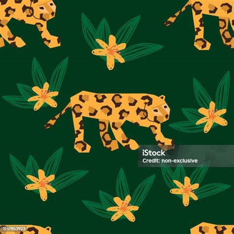 화려한 벡터 정글 완벽 한 패턴플라밍고 호랑이 기린 표범과 열 대 잎 배경 화면 선물 종이 칠보 직물 인쇄물에 대 한 종이 컷 효과 도면 0명에 대한 스톡 벡터 아트 및