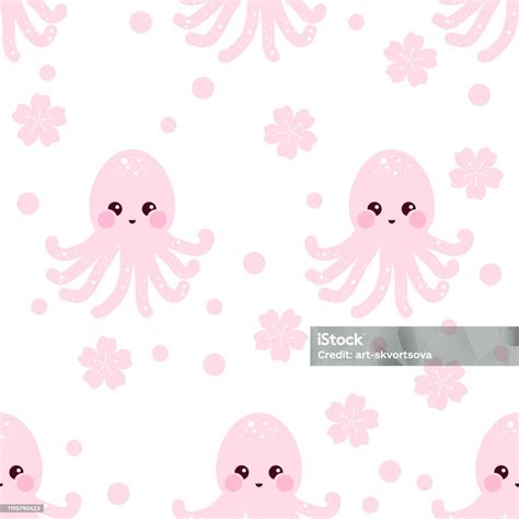 귀여운 아기 아이 문어와 벚꽃과 원활한 패턴 귀여운 만화 문어 모티프 벡터 그림입니다 문어와 꽃이 있는 봄 배경 계절에 대한 스톡 벡터 아트 및 기타 이미지 Istock
