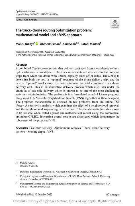 The Truckdrone Routing Optimization Problem Mathematical Model And A