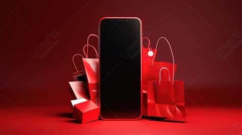 편리한 온라인 쇼핑 생생한 빨간색 스마트폰 배경에 3d 렌더링된 쇼핑백 모바일 결제 배경 가방 배경 빨간색 배경 이미지