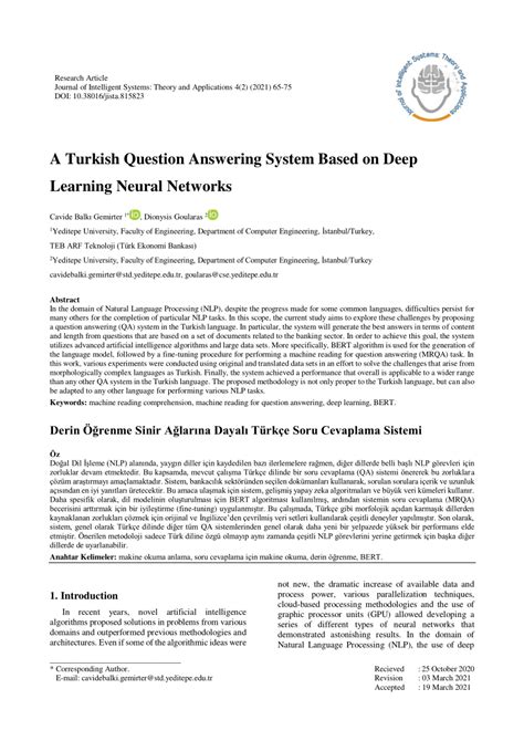 Pdf A Turkish Question Answering System Based On Deep Learning Neural Networks