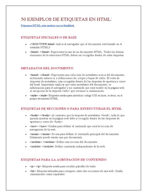 50 Ejemplos De Etiquetas En Html Pdf Html Página Web