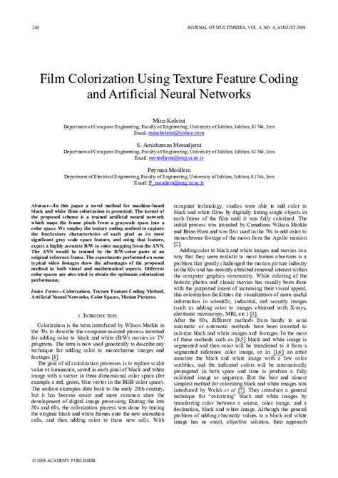 pdf automatic black and white film colorization using texture features and artificial neural
