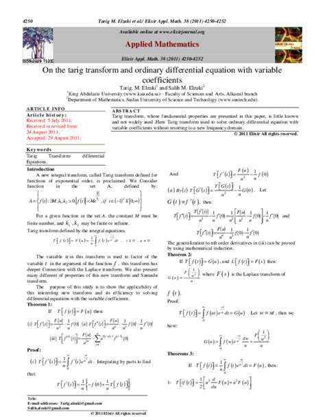 Pdf On The Elzaki Transform And Ordinary Differential Equation With Variable Coecients