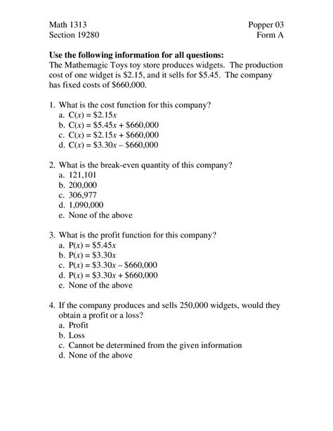 Multiple Choice Test On Finite Mathematics With Applications Math