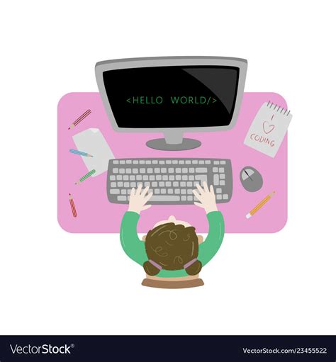 Girl Sitting At Her Desk And Coding Royalty Free Vector