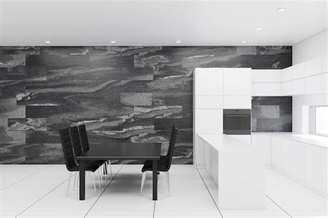 흰색 바닥 흰색 카운터탑 의자가 있는 검은색 테이블이 있는 검은색 대리석 주방 인테리어 측면 보기입니다 3d 렌더링 모의