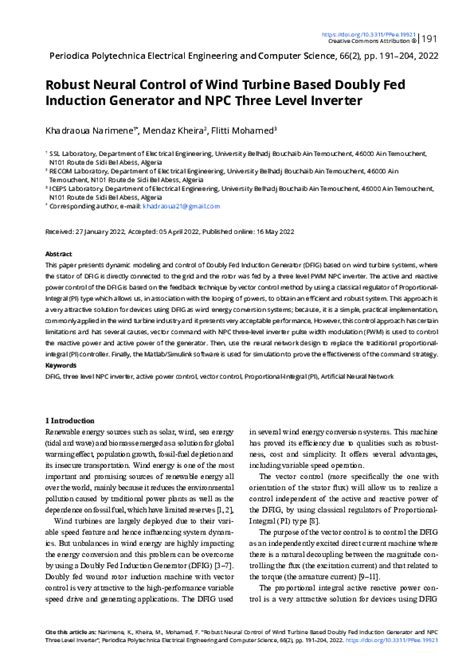 Pdf Robust Neural Control Of Wind Turbine Based Doubly Fed Induction Generator And Npc Three