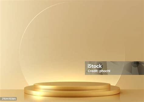 원형 투명 유리 배경이 있는 3d 금 연단 모형 사실적인 디자인과 고급스러운 금 악센트 제품 디스플레이 쇼룸 3차원 형태에 대한 스톡 벡터 아트 및 기타 이미지 Istock