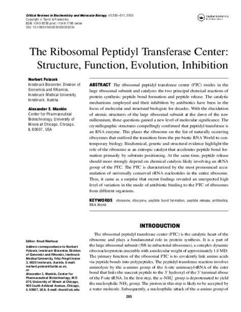 Pdf The Ribosomal Peptidyl Transferase Center Structure Function