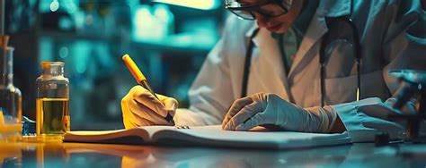 Scientist Records Research Data In Lab Notebook Premium Ai Generated
