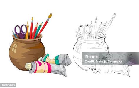 예술가 도구 및 페인트 튜브가 있는 정물 색칠을 위한 화려하고 흑백 템플릿입니다 어린이와 성인을 위한 색칠하기 책 플랫 만화 벡터 그림입니다 0명에 대한 스톡 벡터 아트 및