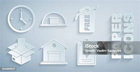 세트 창고 무료 가격 태그 골판지 상자 트래픽 기호 문서 추적 마커 시스템 격납고 및 빠른 시간 배달 아이콘 벡터 3차원 형태에 대한 스톡 벡터 아트 및 기타 이미지