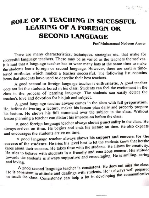 Role Of Teacher In Second Language Teaching Pdf