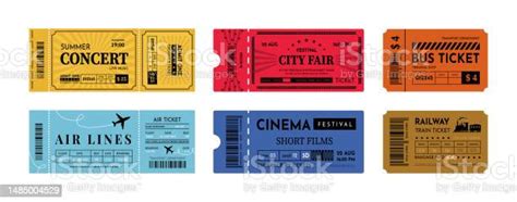 빈티지 기차 바우처 영화관과 극장의 복고풍 티켓 버스 여행 스탬프 또는 종이 비행기 콘서트 또는 도시 박람회 초대 박물관 입장권 쿠폰 디자인 템플릿입니다 벡터 디자인 세트