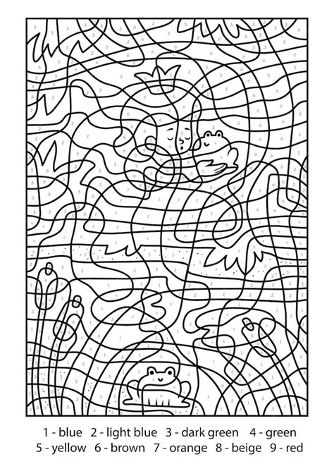 숫자 교육 게임으로 색칠하기 동화 개구리 왕자와 공주 프리미엄 벡터