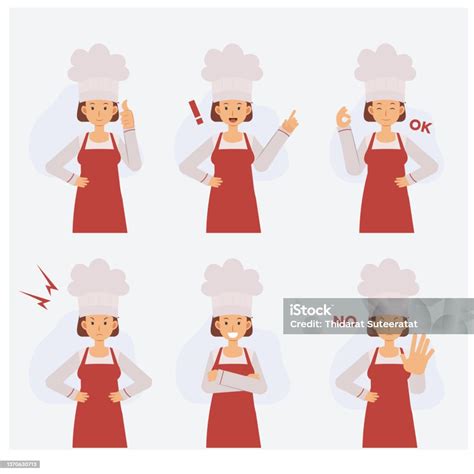 하프 바디 여성 요리사 벡터 캐릭터 세트 다양한 액션 만화 스타일 플랫 벡터 일러스트 감정에 대한 스톡 벡터 아트 및 기타 이미지 감정 개체 그룹 걱정하는 Istock