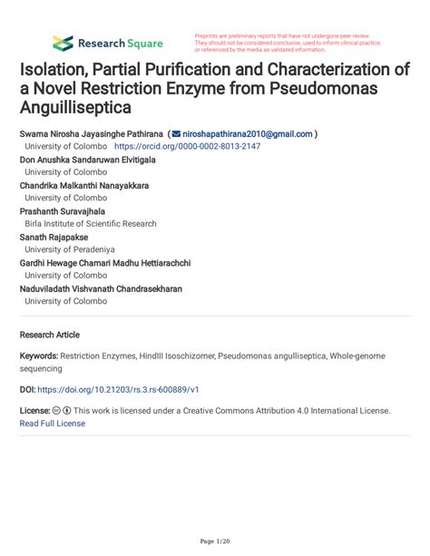 Pdf Isolation Partial Purification And Characterization Of A Novel Restriction Enzyme From