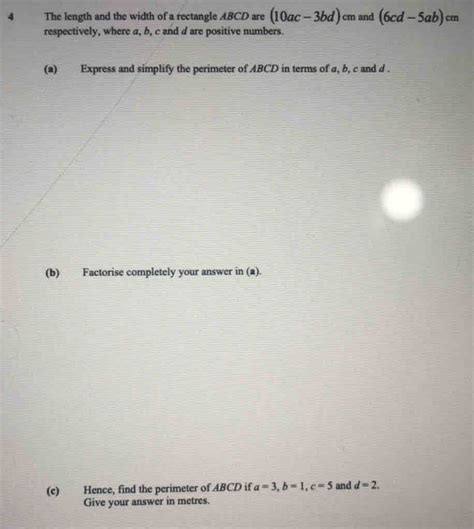 Solved The Length And The Width Of A Rectangle ABCD Are Ac Bd Cm And Cd Ab Cm