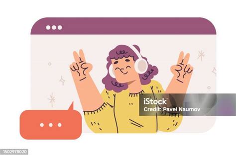 웹 창에서 여성 캐릭터와 가상 통신 Heaphones와 누군가 벡터 일러스트레이션과 대화 Brand Name Online Messaging Platform에 대한 스톡 벡터