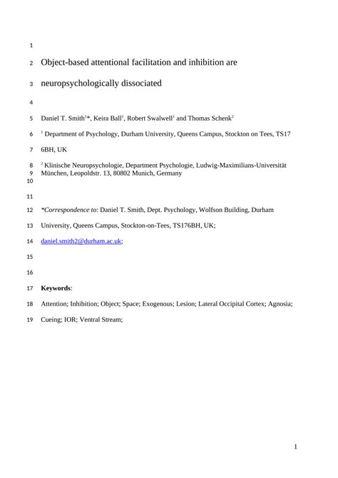 Pdf Reprint Of Object Based Attentional Facilitation And Inhibition Are Neuropsychologically