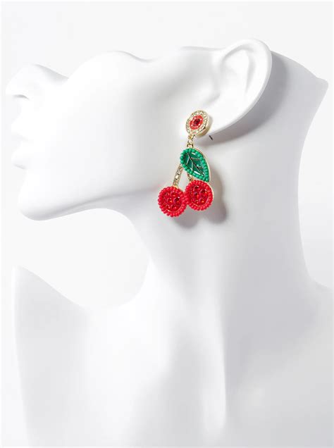 Glass Beaded Enamel Cherry Drop Dangle Post Earrings