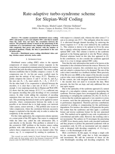 Pdf Rate Adaptive Turbo Syndrome Scheme For Slepian Wolf Coding Dokumen Tips