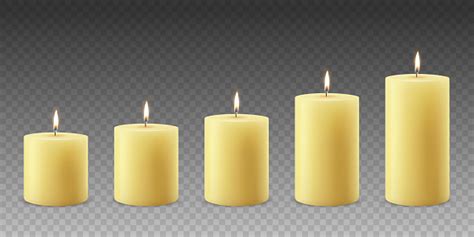 벡터 3d 현실적인 노란색 주황색 파라핀 왁스 불타는 파티 스파 촛불 세트 촛불의 불꽃 격리 다른 크기 컬렉션 디자인 템플릿 전면 3차원 형태에 대한 스톡 벡터 아트 및
