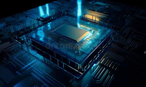 Microchips And Circuit Board With Component Divided Into Parts Blue Neon Light Glow